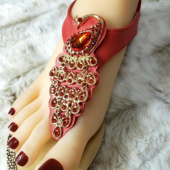 SilverDew | Shoes | Red Rhinestone Peacock Toe Strap Sandals | Poshmark